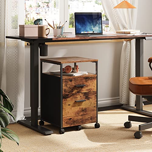 DEVAISE 2 Drawer File Cabinet, Mobile Printer Stand with Open Storage Shelf, Wood Filing Cabinet fits A4 or Letter Size for Home Office, Rustic Brown