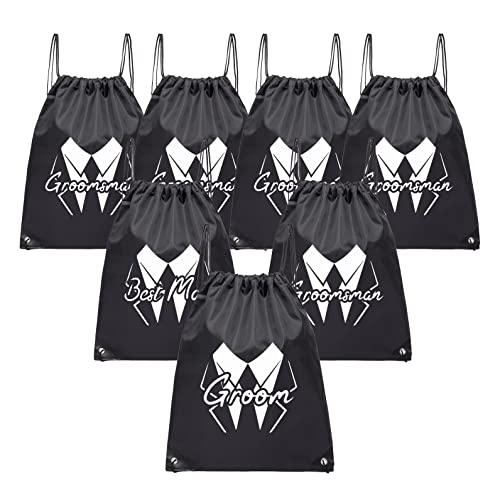 LADY & HOME 7 Pack Groomsmen Proposal bags, Groom Crew Bag Set, Groomsmen Drawstring Bag for Bachelor Party(Suit-Squiggles)