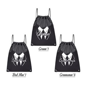 LADY & HOME 7 Pack Groomsmen Proposal bags, Groom Crew Bag Set, Groomsmen Drawstring Bag for Bachelor Party(Suit-Squiggles)