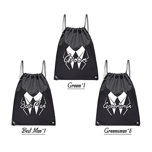 LADY & HOME 7 Pack Groomsmen Proposal bags, Groom Crew Bag Set, Groomsmen Drawstring Bag for Bachelor Party(Suit-Squiggles)