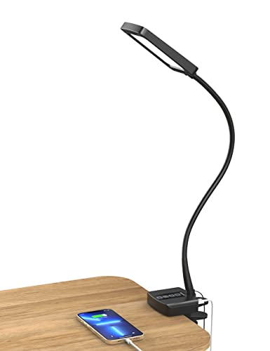 TROND Clamp Desk Lamp, Eye-Care Desk Light with USB Charging Port, 5 Color Modes 5 Level Brightness, 30-Minute Auto Timer Flexible Gooseneck Task Lamp for Sewing Reading Drawing Crafting, 11W, Black