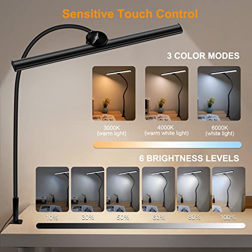 SHLINUX Clamp Lamp with Flexible Gooseneck, Eye-Caring Architect Task Lamp, 18W LED 3 Modes 6 Brightness, Modern Desk Light for Home Office ,Remote Control and Touch (Black)