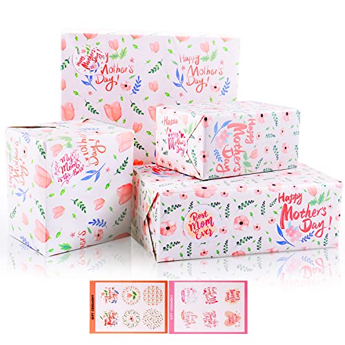 MAMUNU 6 Sheets Mother's Day Gift Wrapping Paper, "Happy Mother's Day" Pink Floral Wrapping Paper with Stickers for Mother's Day, Thanksgiving, Anniversary, Valentine's Day Gift Wrapping, 20 x 28 Inch Per Sheet