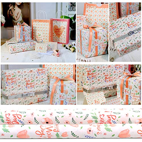 MAMUNU 6 Sheets Mother's Day Gift Wrapping Paper, "Happy Mother's Day" Pink Floral Wrapping Paper with Stickers for Mother's Day, Thanksgiving, Anniversary, Valentine's Day Gift Wrapping, 20 x 28 Inch Per Sheet