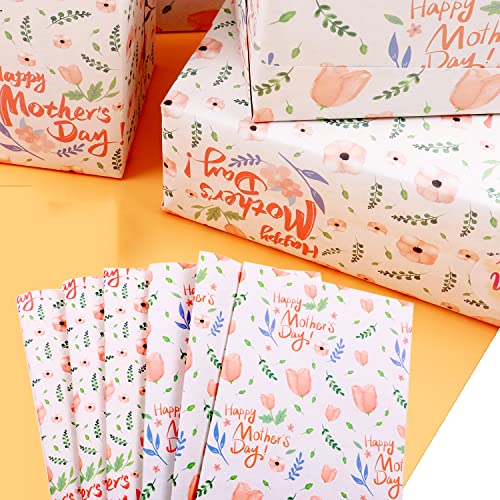 MAMUNU 6 Sheets Mother's Day Gift Wrapping Paper, "Happy Mother's Day" Pink Floral Wrapping Paper with Stickers for Mother's Day, Thanksgiving, Anniversary, Valentine's Day Gift Wrapping, 20 x 28 Inch Per Sheet