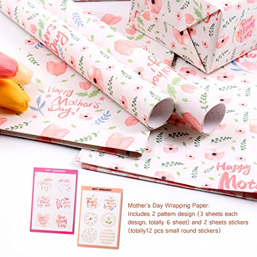 MAMUNU 6 Sheets Mother's Day Gift Wrapping Paper, "Happy Mother's Day" Pink Floral Wrapping Paper with Stickers for Mother's Day, Thanksgiving, Anniversary, Valentine's Day Gift Wrapping, 20 x 28 Inch Per Sheet