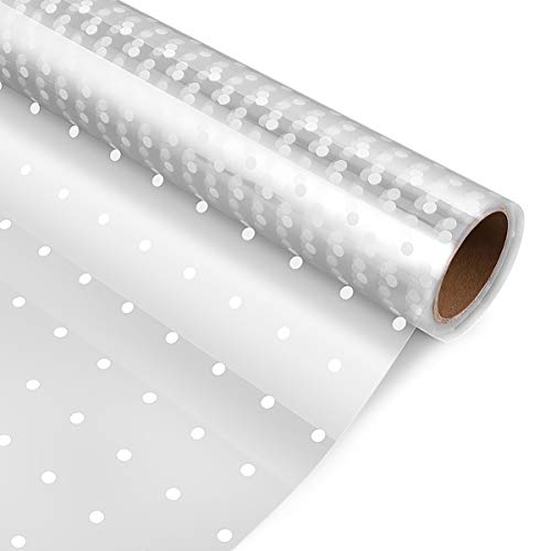 STOBOK Cellophane Wrap Roll,White Dot Florist Paper Wrapper 15.7 inch x100 Ft Crystal Long Film Gift Wrappings Packing Paper for Flowers Craft Basket Bouquet Fruit Food