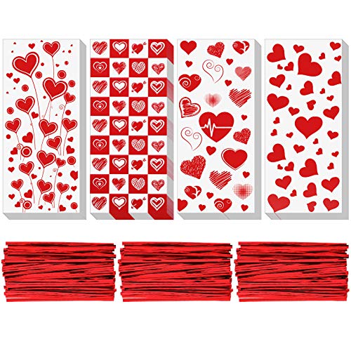 100 Pieces Valentines Day Cellophane Treat Bags Heart Cello Gift Bags Love Candy Goodies Cookie Bags with 200 Pieces Twist Ties for Wedding Holiday Valentine Party Favors Supplies