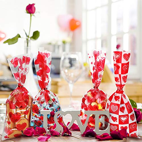 100 Pieces Valentines Day Cellophane Treat Bags Heart Cello Gift Bags Love Candy Goodies Cookie Bags with 200 Pieces Twist Ties for Wedding Holiday Valentine Party Favors Supplies