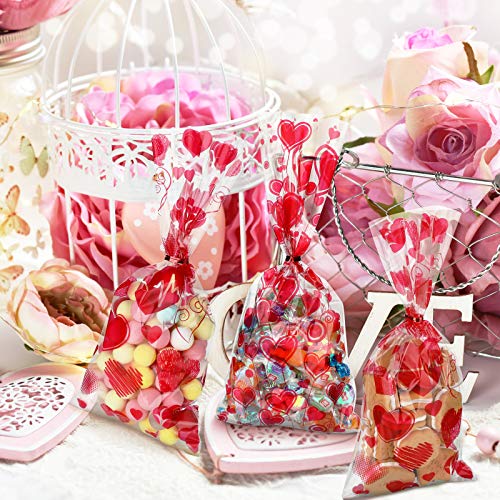 100 Pieces Valentines Day Cellophane Treat Bags Heart Cello Gift Bags Love Candy Goodies Cookie Bags with 200 Pieces Twist Ties for Wedding Holiday Valentine Party Favors Supplies