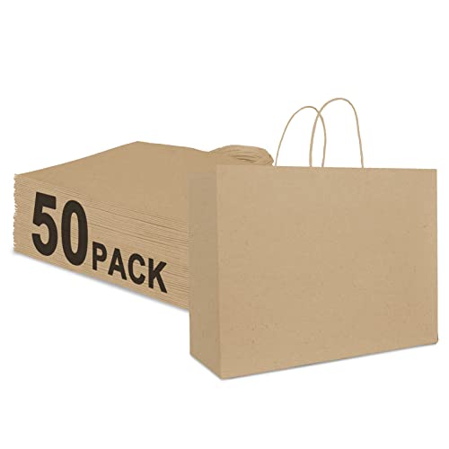 Gatherfun 50PCS 16”x6”x12” Natural Kraft Customizable Paper Bags with Handles, Shopping Bag, Paper Gift Bag, Retail Bags, Party Favor Bags with Handles