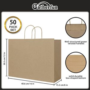 Gatherfun 50PCS 16”x6”x12” Natural Kraft Customizable Paper Bags with Handles, Shopping Bag, Paper Gift Bag, Retail Bags, Party Favor Bags with Handles