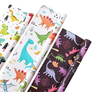 u’cover cute dinosaur birthday wrapping paper for boys girls kids baby shower 3 styles cartoon animal monster gift wrapping paper roll for holiday anniversary graduation (3 roll-44.4 sq.ft.ttl