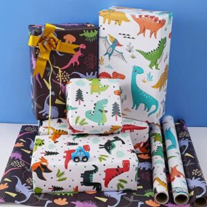 U'COVER Cute Dinosaur Birthday Wrapping Paper for Boys Girls Kids Baby Shower 3 Styles Cartoon Animal Monster Gift Wrapping Paper Roll for Holiday Anniversary Graduation (3 ROLL-44.4 sq.ft.ttl