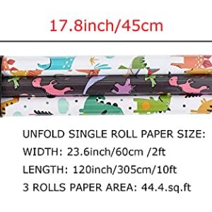 U'COVER Cute Dinosaur Birthday Wrapping Paper for Boys Girls Kids Baby Shower 3 Styles Cartoon Animal Monster Gift Wrapping Paper Roll for Holiday Anniversary Graduation (3 ROLL-44.4 sq.ft.ttl