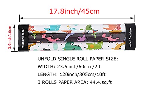 U'COVER Cute Dinosaur Birthday Wrapping Paper for Boys Girls Kids Baby Shower 3 Styles Cartoon Animal Monster Gift Wrapping Paper Roll for Holiday Anniversary Graduation (3 ROLL-44.4 sq.ft.ttl