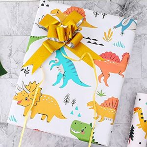 U'COVER Cute Dinosaur Birthday Wrapping Paper for Boys Girls Kids Baby Shower 3 Styles Cartoon Animal Monster Gift Wrapping Paper Roll for Holiday Anniversary Graduation (3 ROLL-44.4 sq.ft.ttl