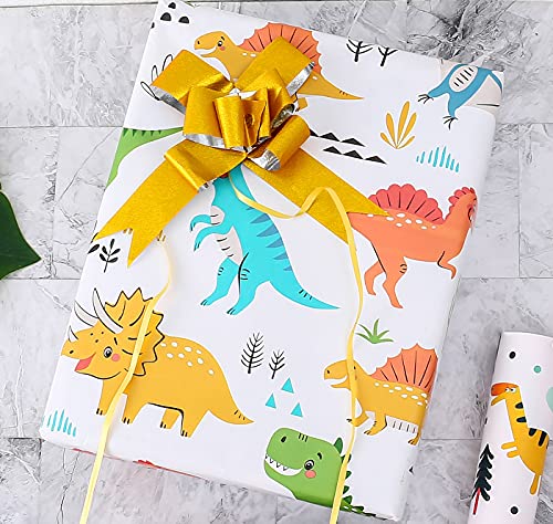 U'COVER Cute Dinosaur Birthday Wrapping Paper for Boys Girls Kids Baby Shower 3 Styles Cartoon Animal Monster Gift Wrapping Paper Roll for Holiday Anniversary Graduation (3 ROLL-44.4 sq.ft.ttl