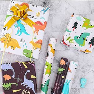 U'COVER Cute Dinosaur Birthday Wrapping Paper for Boys Girls Kids Baby Shower 3 Styles Cartoon Animal Monster Gift Wrapping Paper Roll for Holiday Anniversary Graduation (3 ROLL-44.4 sq.ft.ttl