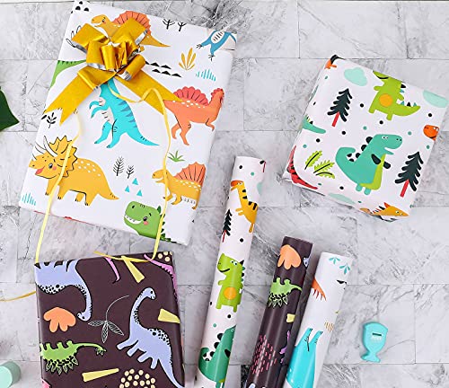 U'COVER Cute Dinosaur Birthday Wrapping Paper for Boys Girls Kids Baby Shower 3 Styles Cartoon Animal Monster Gift Wrapping Paper Roll for Holiday Anniversary Graduation (3 ROLL-44.4 sq.ft.ttl