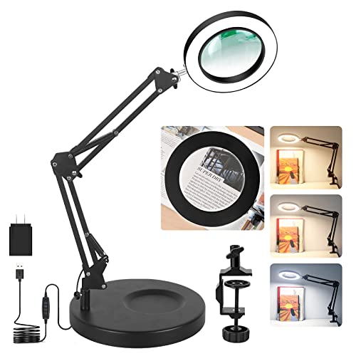 8X Magnifying Glass with Light and Stand, NAKOOS 2-in-1 Real Glass Magnifying Desk Lamp & Clamp, 1500 Lumens 3 Color Modes Stepless Dimmable Lighted Magnifier with Base for Ready Hobby DIY Close Work