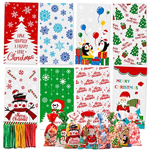 Moretoes 168pcs Christmas Candy Bags Treat Bags Cellophane Bags with 180pcs Twist Ties Snack Bags Penguin and Balloons Pattern 8 Assorted Styles for Christmas Party Supplies