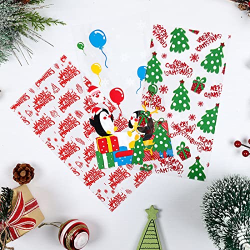 Moretoes 168pcs Christmas Candy Bags Treat Bags Cellophane Bags with 180pcs Twist Ties Snack Bags Penguin and Balloons Pattern 8 Assorted Styles for Christmas Party Supplies