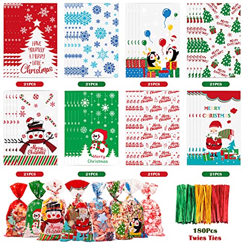 Moretoes 168pcs Christmas Candy Bags Treat Bags Cellophane Bags with 180pcs Twist Ties Snack Bags Penguin and Balloons Pattern 8 Assorted Styles for Christmas Party Supplies