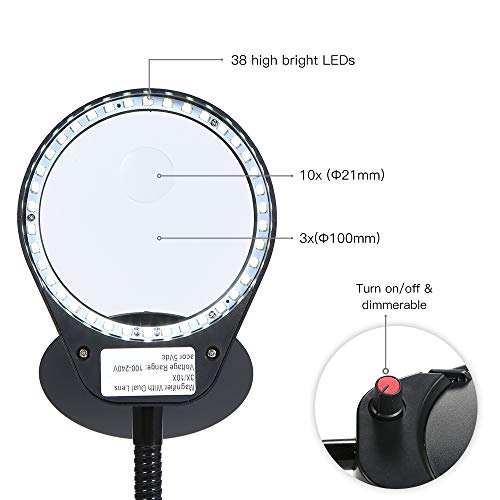 Magnifying Glass Lamp 3X 10X,Stepless Dimmable LED Magnifying Lamp with Dust Cover Metal Clamp,Adjustable LED Magnifier with Light and Stand for Crafts Reading Workbench Close Work