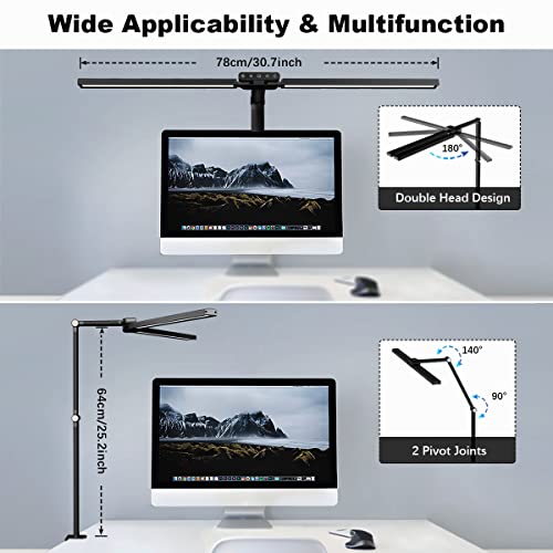 LED Desk Lamp with Clamp, Bravzurg 30.7in 24W Dual Light Source Table Lamps for Home Office with Light Sensor Function, 5 Modes and Dimmable, Eye Protection Clip Light for Study Monitor Studio Reading