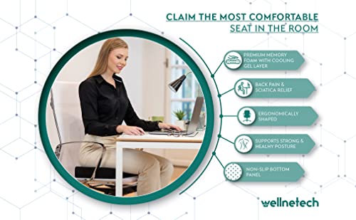 Wellnetech Seat Cushion Non-Slip Sciatica & Back Coccyx Tailbone Pain Relief Car Seat Cushion All-Day Sitting Comfort for Office Desk Gaming Chair. Enhanced Gel Memory Foam Seat Cushion