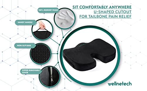 Wellnetech Seat Cushion Non-Slip Sciatica & Back Coccyx Tailbone Pain Relief Car Seat Cushion All-Day Sitting Comfort for Office Desk Gaming Chair. Enhanced Gel Memory Foam Seat Cushion