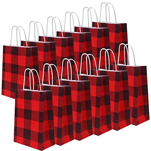 Cooraby 20 Pieces Red and Black Plaid Paper Party Bags Gift Bag Christmas Bag Birthday Kraft Party Bags with Handle for Wedding and Party Celebrations