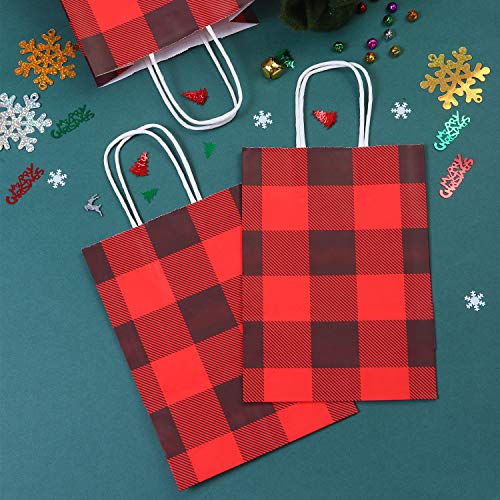 Cooraby 20 Pieces Red and Black Plaid Paper Party Bags Gift Bag Christmas Bag Birthday Kraft Party Bags with Handle for Wedding and Party Celebrations