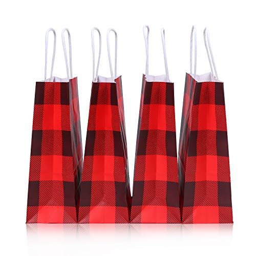 Cooraby 20 Pieces Red and Black Plaid Paper Party Bags Gift Bag Christmas Bag Birthday Kraft Party Bags with Handle for Wedding and Party Celebrations