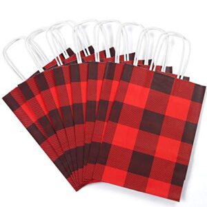 Cooraby 20 Pieces Red and Black Plaid Paper Party Bags Gift Bag Christmas Bag Birthday Kraft Party Bags with Handle for Wedding and Party Celebrations