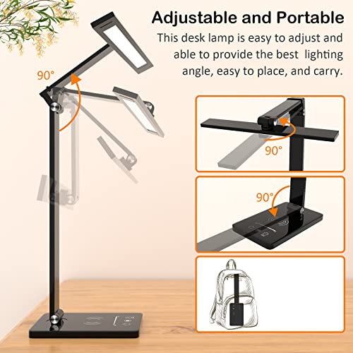 LED Desk Lamps for Home Office - Dimmable Desk Lamp with USB Charging Port, Desk Light with Wireless Charger, Eye-Caring Office Lamp for Desk Reading, Auto Timer, Touch Control Study Lamps for Dorm