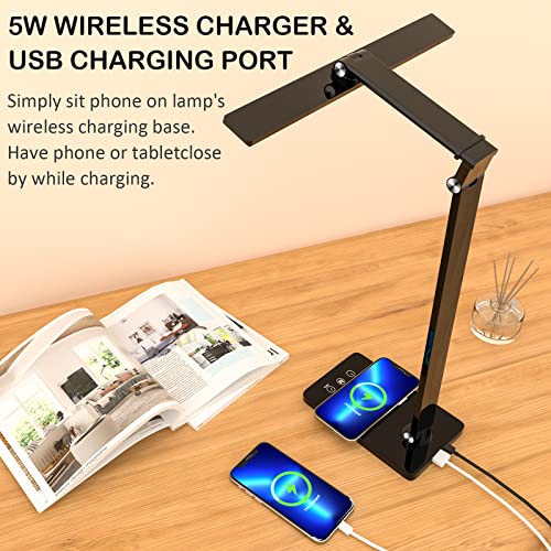 LED Desk Lamps for Home Office - Dimmable Desk Lamp with USB Charging Port, Desk Light with Wireless Charger, Eye-Caring Office Lamp for Desk Reading, Auto Timer, Touch Control Study Lamps for Dorm