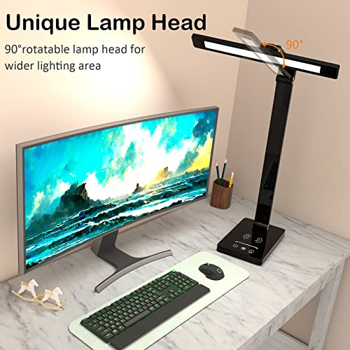 LED Desk Lamps for Home Office - Dimmable Desk Lamp with USB Charging Port, Desk Light with Wireless Charger, Eye-Caring Office Lamp for Desk Reading, Auto Timer, Touch Control Study Lamps for Dorm