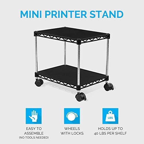 ZBRANDS // Printer Stand Cart Mini, 15" x 10.6", Mobile Fax Stand with Swivel Wheels, Black Finish, 2 Tiers Heavy Duty (Mini)