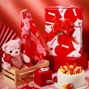 Valentine's Day Heart Cellophane Wrap Rolls 32 in x 100 ft Transparent Treat Gift Basket Wrapping Cellophane Paper Clear Plastic Roll with Red Pull Bows Ribbons for Valentine Birthday Holiday Flowers