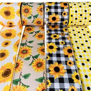 4 Rolls Wired Edge Ribbons 26 Yards Summer Wired Ribbon Dot Fabric Ribbon Vertical Stripe Craft Ribbon Decorative Ribbon DIY for Wrapping, Party Decoration, Hair Bows, Crafting and Sewing (Sunflower)