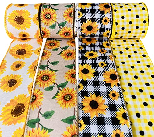 4 Rolls Wired Edge Ribbons 26 Yards Summer Wired Ribbon Dot Fabric Ribbon Vertical Stripe Craft Ribbon Decorative Ribbon DIY for Wrapping, Party Decoration, Hair Bows, Crafting and Sewing (Sunflower)