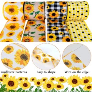 4 Rolls Wired Edge Ribbons 26 Yards Summer Wired Ribbon Dot Fabric Ribbon Vertical Stripe Craft Ribbon Decorative Ribbon DIY for Wrapping, Party Decoration, Hair Bows, Crafting and Sewing (Sunflower)