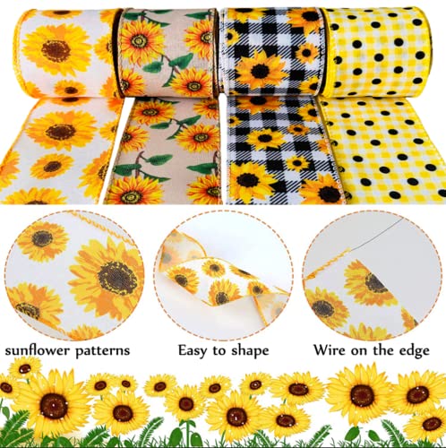 4 Rolls Wired Edge Ribbons 26 Yards Summer Wired Ribbon Dot Fabric Ribbon Vertical Stripe Craft Ribbon Decorative Ribbon DIY for Wrapping, Party Decoration, Hair Bows, Crafting and Sewing (Sunflower)