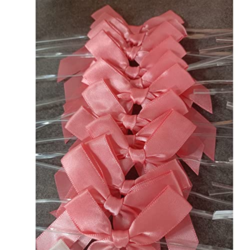 BeiLeiNiceHK 50 Pack Pink Twist Tie Bow, Pre Tied Bows,Christmas Satin Twist Tie Bows for Treat Bags,Packaging Bows for Candies and Apples, Pretied Ribbon Bows for DIY Decorations,Treat Bows