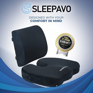 Sleepavo Memory Foam Seat Cushion for Office Chair - Orthopedic Back & Butt Pillow for Sciatica Tailbone Coccyx Hip Pain Relief for Sitting, Gaming, Desk, Car & Airplane - Padded Lumbar Support Pillow