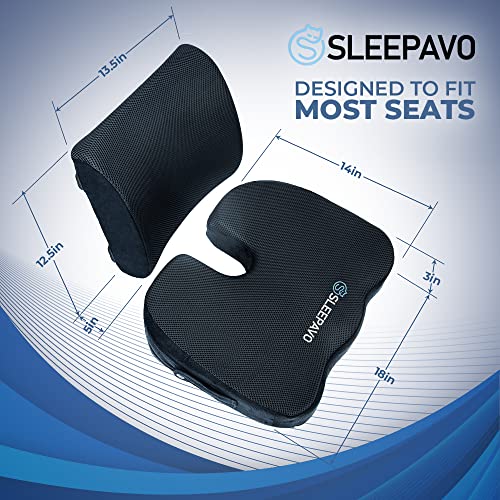 Sleepavo Memory Foam Seat Cushion for Office Chair - Orthopedic Back & Butt Pillow for Sciatica Tailbone Coccyx Hip Pain Relief for Sitting, Gaming, Desk, Car & Airplane - Padded Lumbar Support Pillow