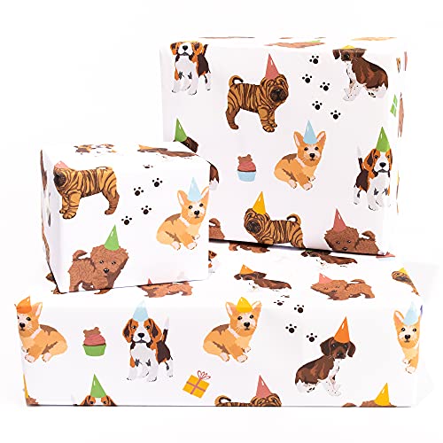 CENTRAL 23 - White Wrapping Paper - Dogs in Hats - 6 Sheets of Birthday Gift Wrap - Celebration - For Men Women Kids - Recyclable