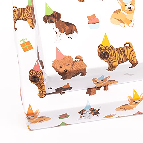 CENTRAL 23 - White Wrapping Paper - Dogs in Hats - 6 Sheets of Birthday Gift Wrap - Celebration - For Men Women Kids - Recyclable